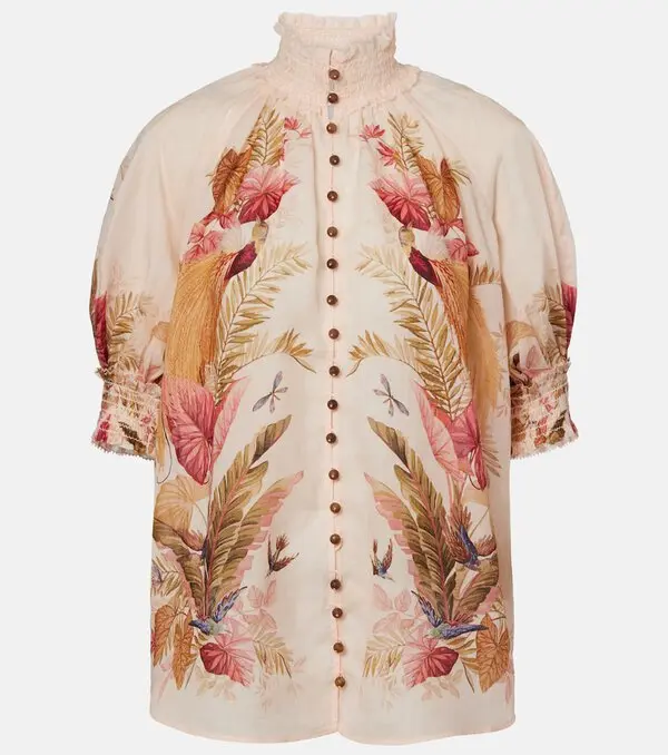 Zimmermann Ascension Shirred Floral Blouse In Cream Palm Floral - Multicoloured