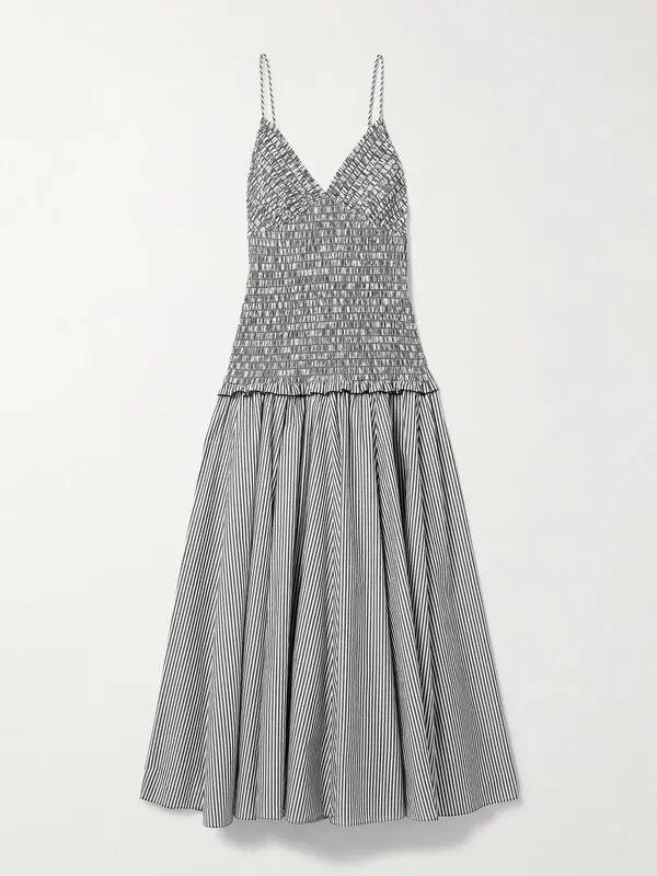 Brandon Maxwell The Josie Shirred Striped Cotton Midi Dress - Gray
