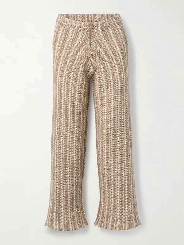THE ELDER STATESMAN Crocheted Cotton Striped Straight-leg Trousers - Brown