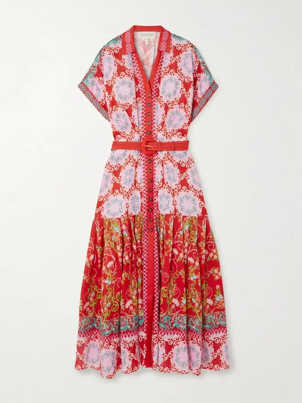 Saloni Riya Belted Floral-print Linen-voile Midi Dress - Red