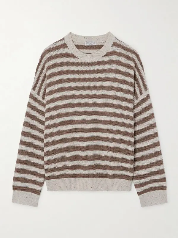 Brunello Cucinelli Sequin-embellished Striped Cotton-blend Sweater - Brown