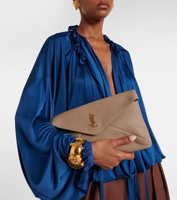 Saint Laurent Cassandre Large Leather Clutch - Beige