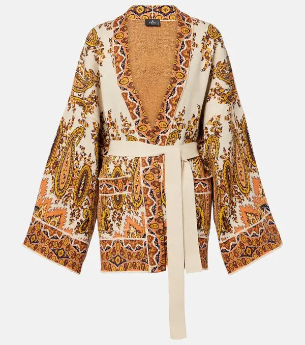 Etro Jacquard Cotton-blend Wrap Cardigan In Beige/multicolour - Multicoloured