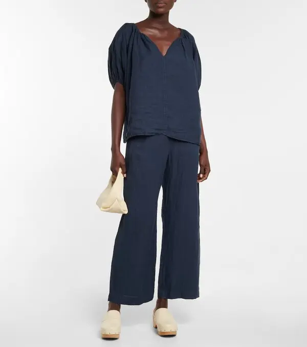 Velvet By Graham & Spencer Lola Linen Wide Leg Trousers - Blue