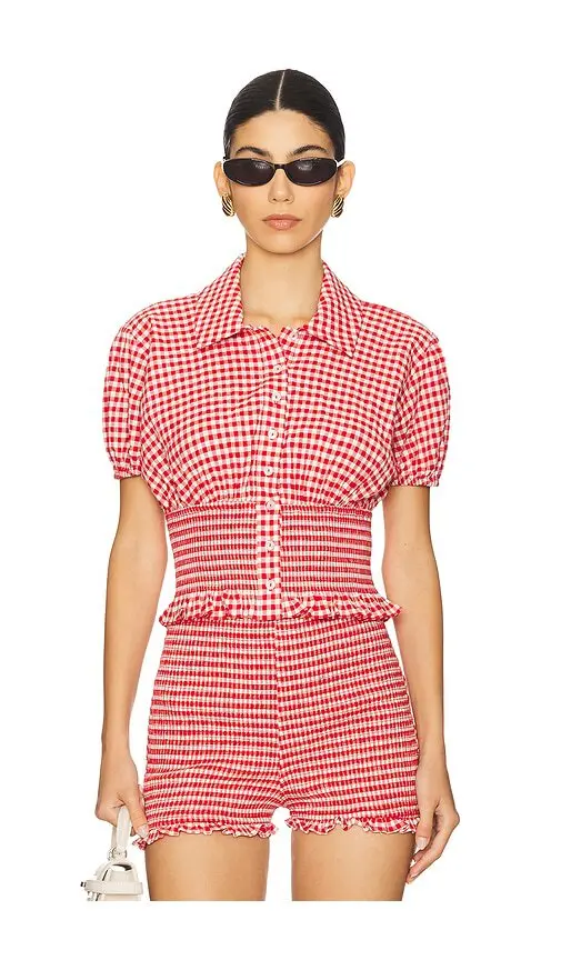 L'academie Gwen Seersucker Button-up Top - Red
