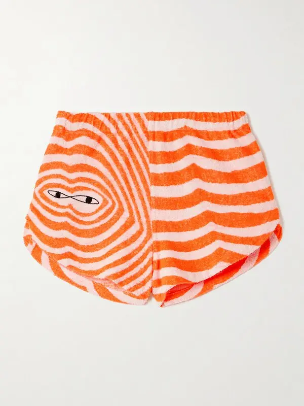 THE ELDER STATESMAN Embroidered Striped Cotton-terry Shorts