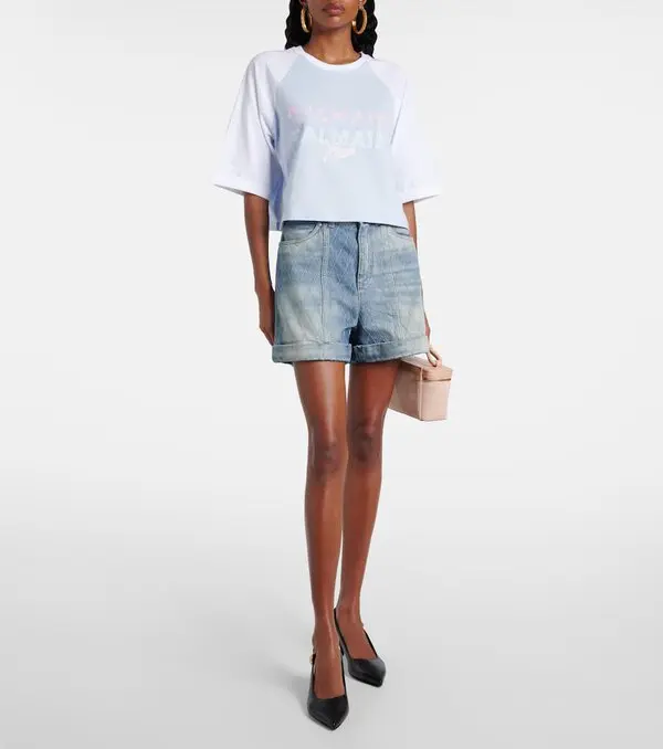 Balmain Logo Cropped Cotton Jersey T-shirt