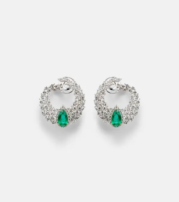 Yeprem Reign Supreme 18kt White Gold Hoop Earrings With Diamonds And Emeralds - Silver