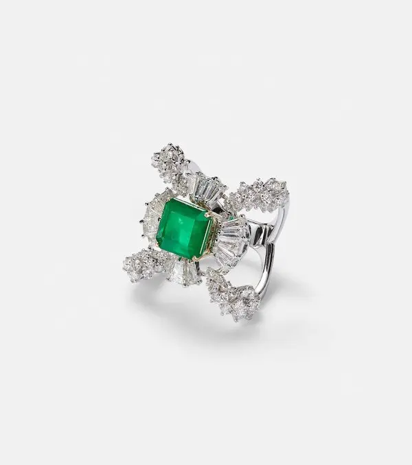 Yeprem 18kt White Gold Diamond And Emerald Ring - Silver