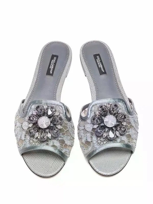 Dolce & Gabbana Bianca Crystal Embellished Lace Slides - Grey