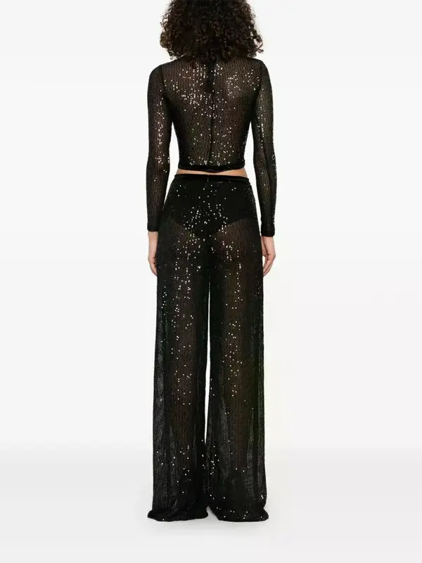 ATU BODY COUTURE Sequin Embellished Long Sleeve Mock Neck Top And Wide Leg Trousers Set - Black