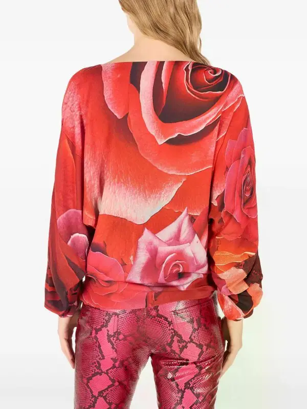 Roberto Cavalli Rose Print Boat Neck Blouse