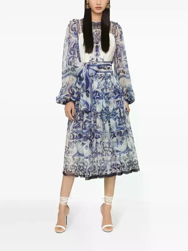 Dolce & Gabbana Majolica Print Silk Midi Dress - Blue