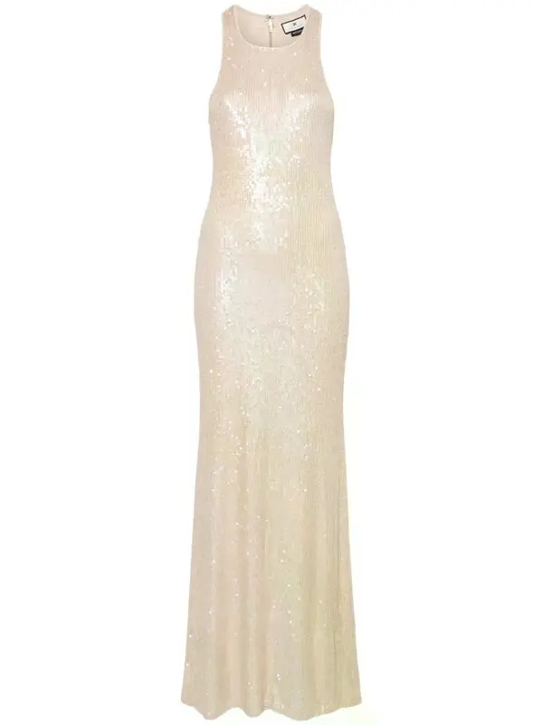 Elisabetta Franchi Racerback Sequin Gown - Neutrals