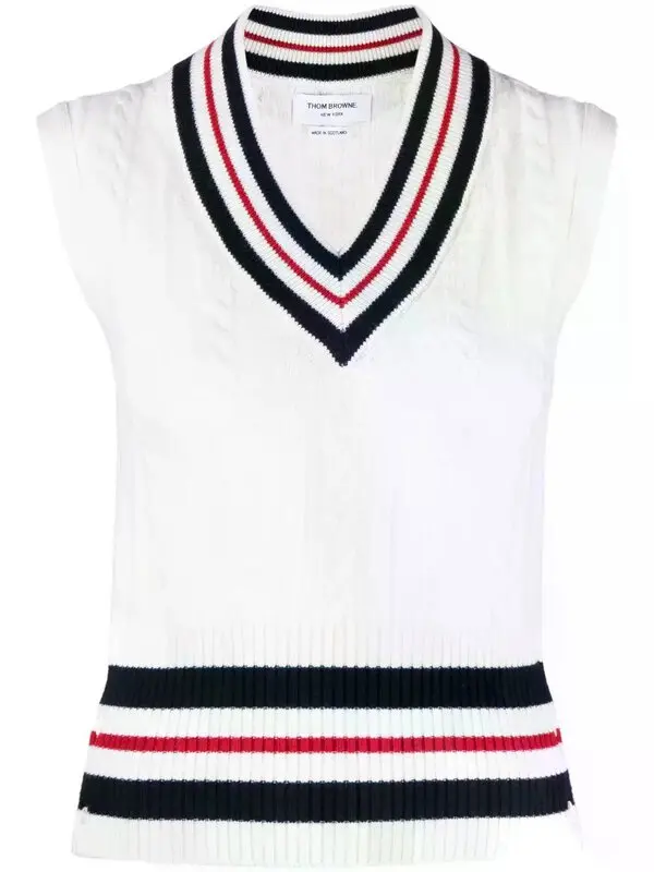Thom Browne Cashmere V-neck Vest With Rwb Stripe - White
