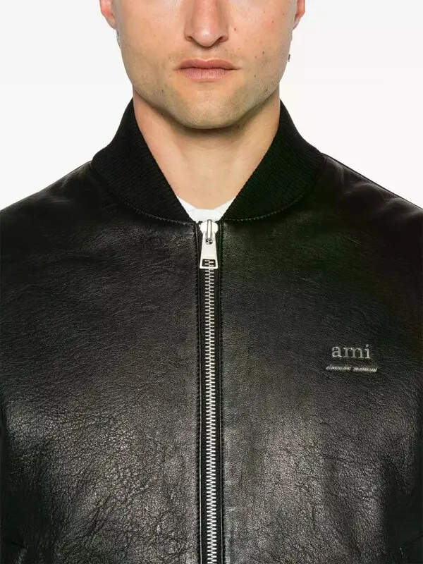 AMI Paris Logo-plaque Leather Bomber Jacket