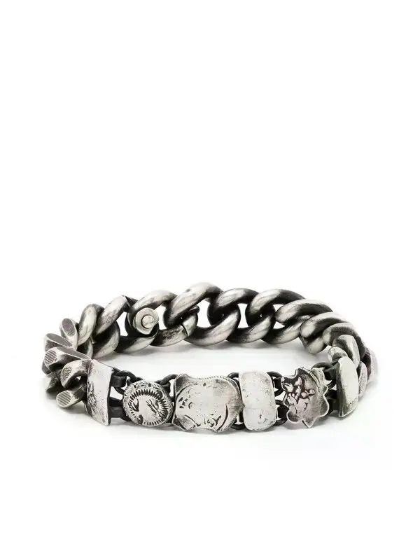 Werkstatt:München Tone Brass Curb Chain Bracelet With Crest Statement Pendants - Silver