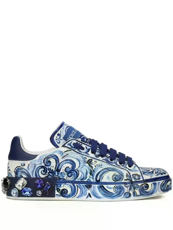 Dolce & Gabbana Portofino Majolica-print Leather Sneakers - Blue