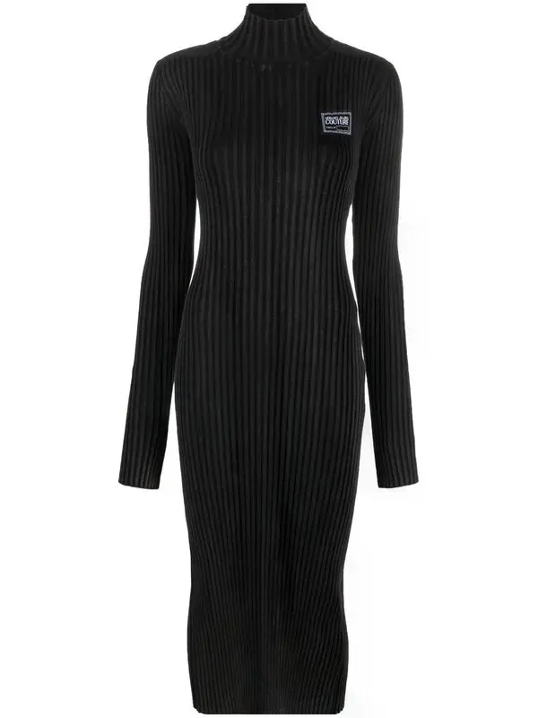 Versace Logo Patch Ribbed Midi Dress - Black