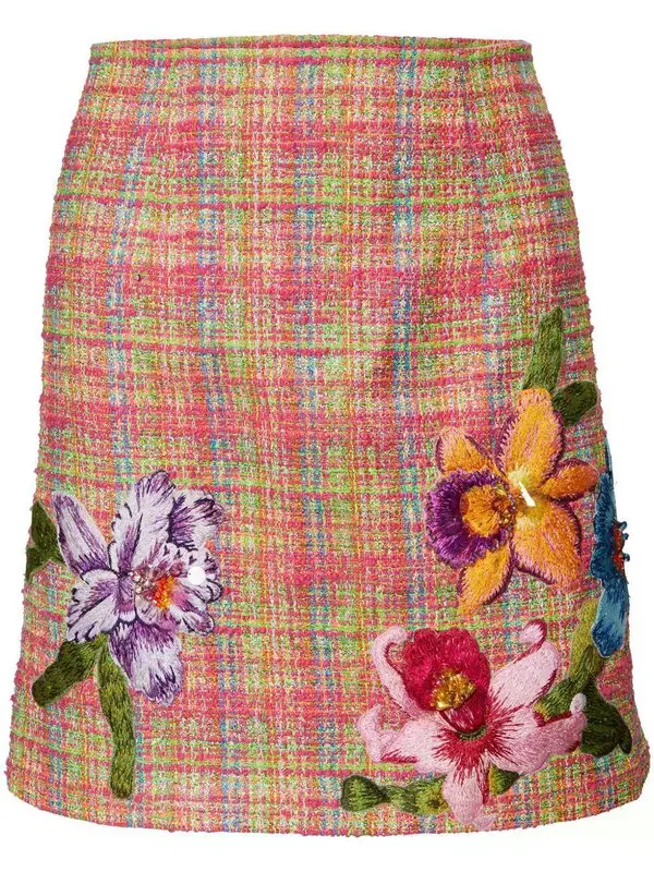 Carolina Herrera Floral-embroidered Tweed Miniskirt - Pink