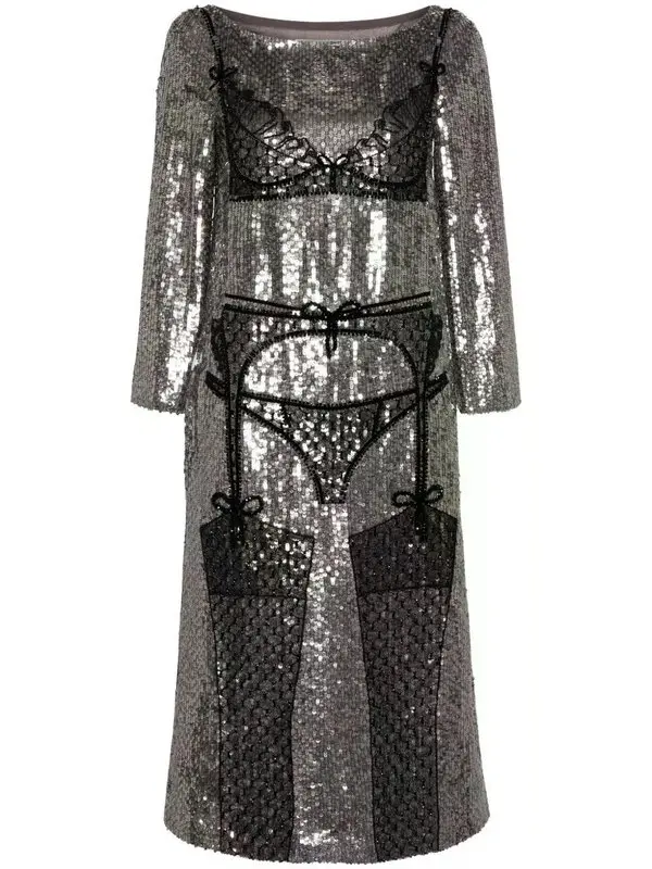WIEDERHOEFT Lingerie-style Beaded Sequin Midi Dress - Silver
