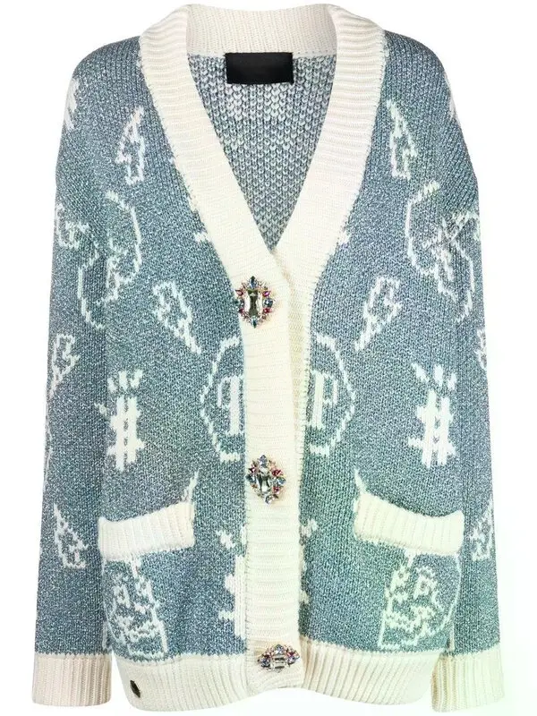Philipp Plein Intarsia-knit Logo Cardigan - Blue