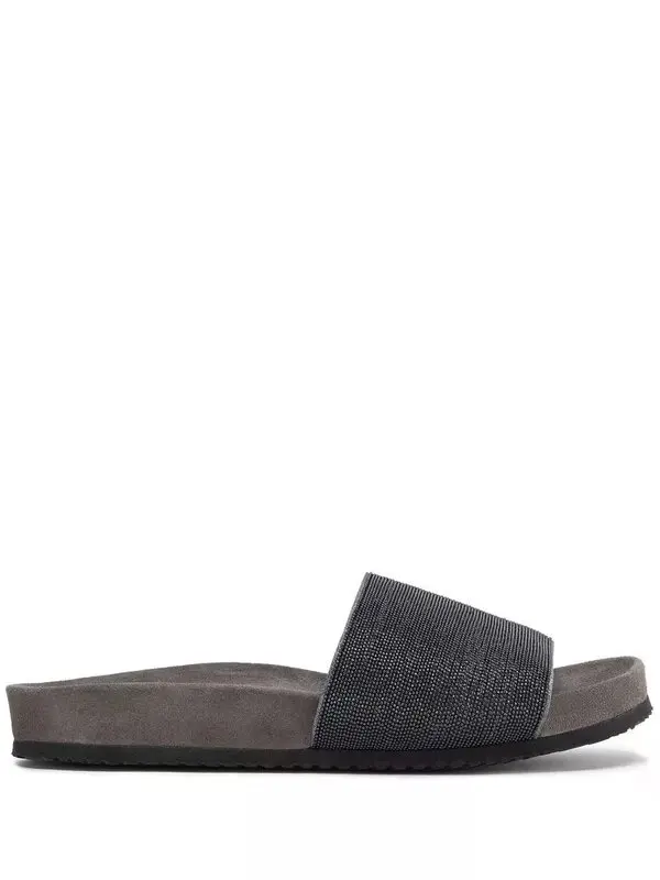 Brunello Cucinelli Monili Embellished Leather Slides - Silver