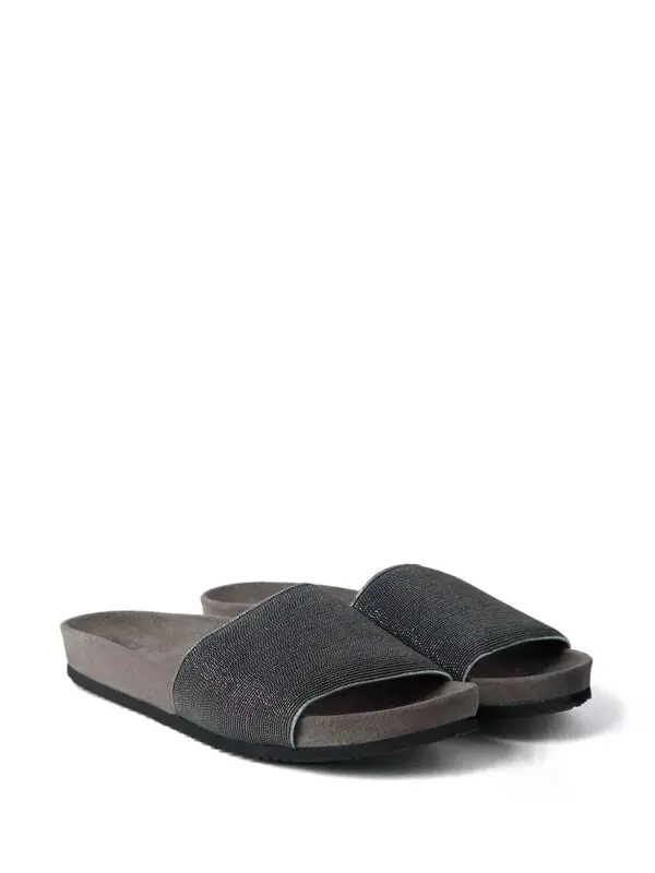 Brunello Cucinelli Monili Embellished Leather Slides - Silver
