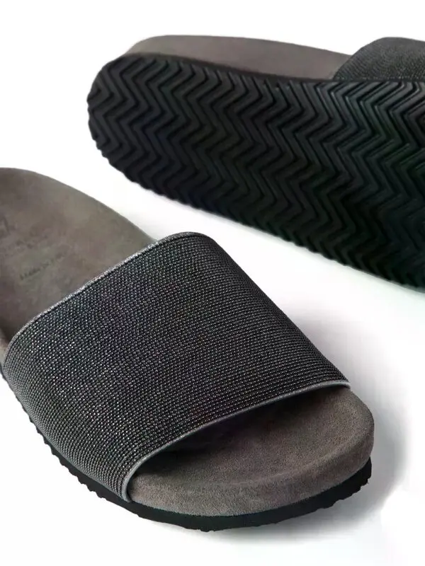 Brunello Cucinelli Monili Embellished Leather Slides - Silver