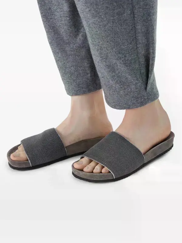 Brunello Cucinelli Monili Embellished Leather Slides - Silver