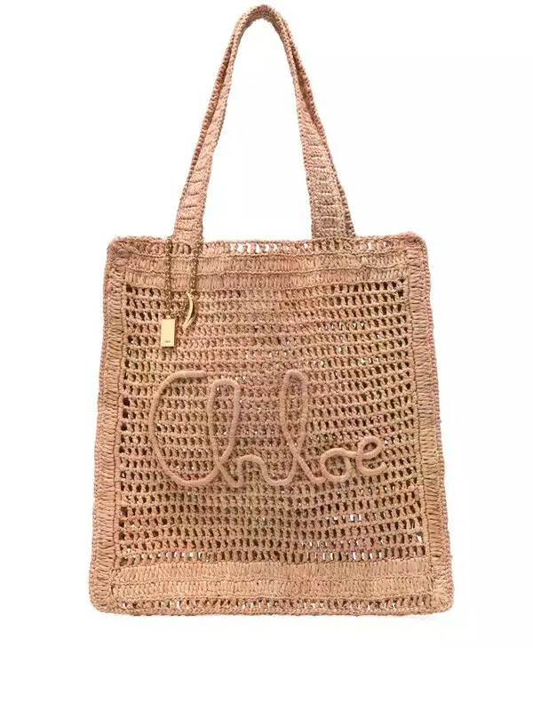 Chloé Raffia Tote Bag With Logo Charm - Neutrals
