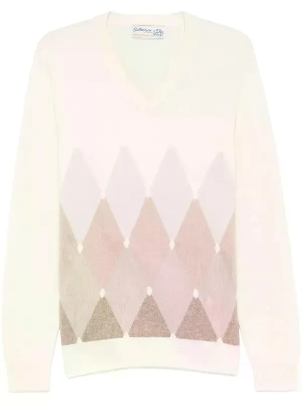 BALLANTYNE Argyle Intarsia V-neck Cashmere Sweater - Neutrals