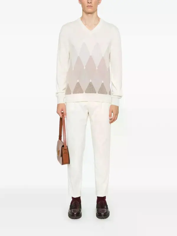 BALLANTYNE Argyle Intarsia V-neck Cashmere Sweater - Neutrals