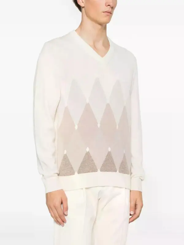 BALLANTYNE Argyle Intarsia V-neck Cashmere Sweater - Neutrals