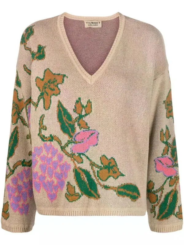 TWINSET Floral Intarsia-knit Jumper - Neutrals