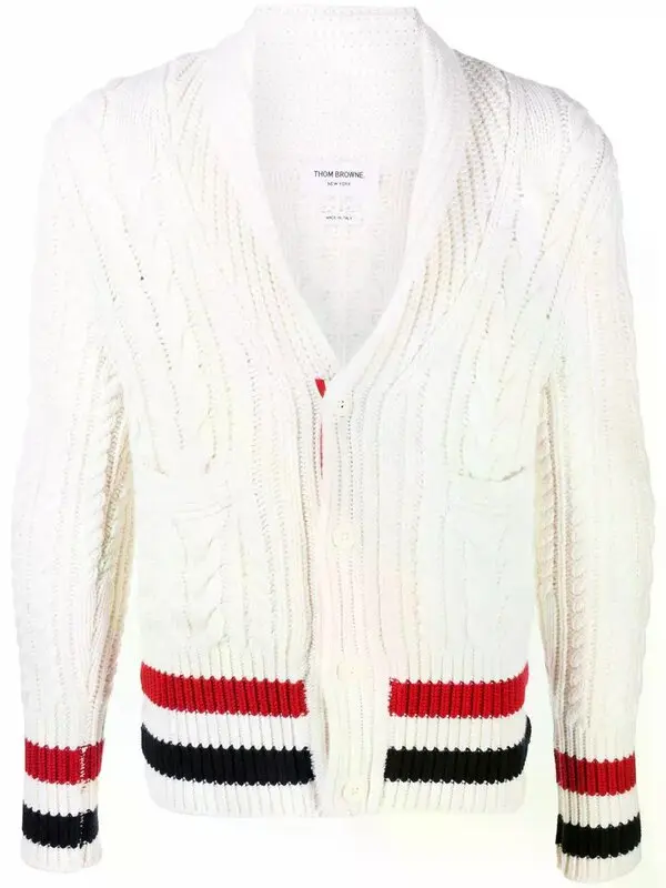 Thom Browne Rwb Stripe Cable Knit Cardigan