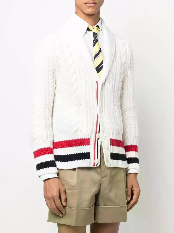 Thom Browne Rwb Stripe Cable Knit Cardigan