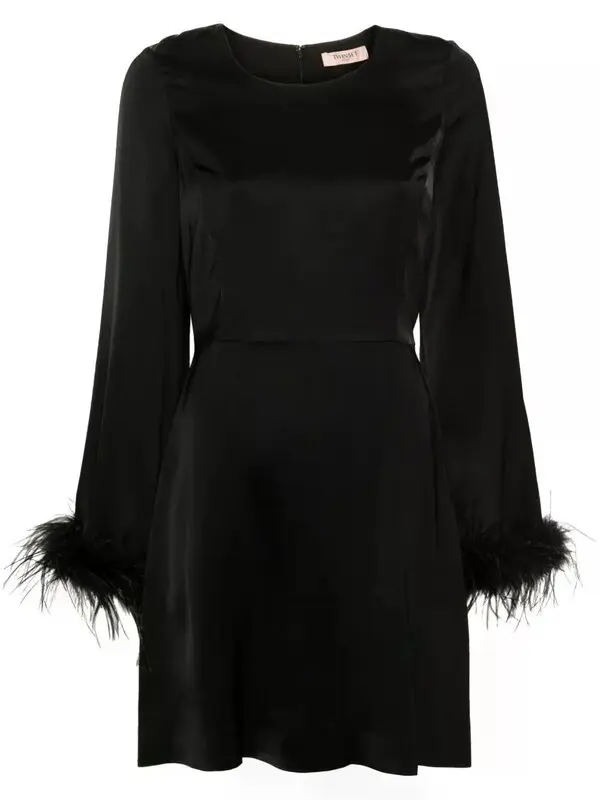 TWINSET Feather-trimmed Satin Mini Dress - Black