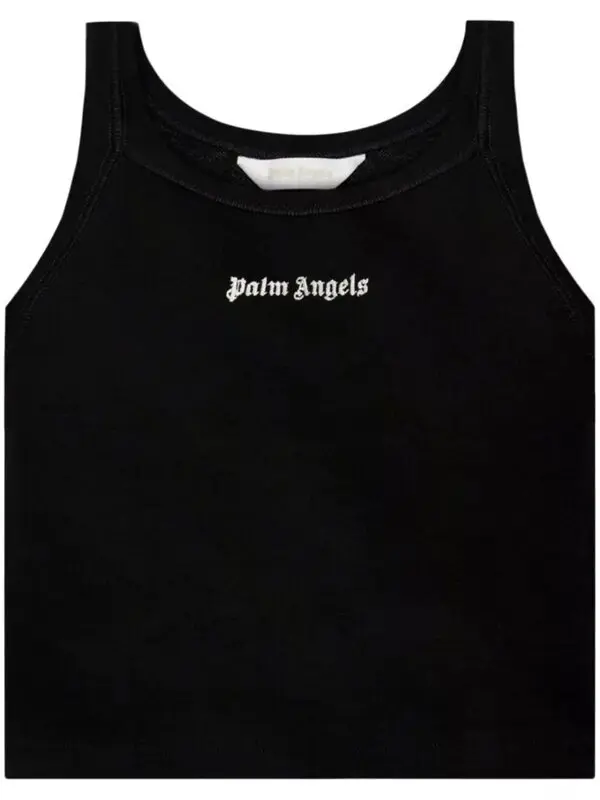 Palm Angels Logo Embroidered Ribbed Cropped Tank Top - Black