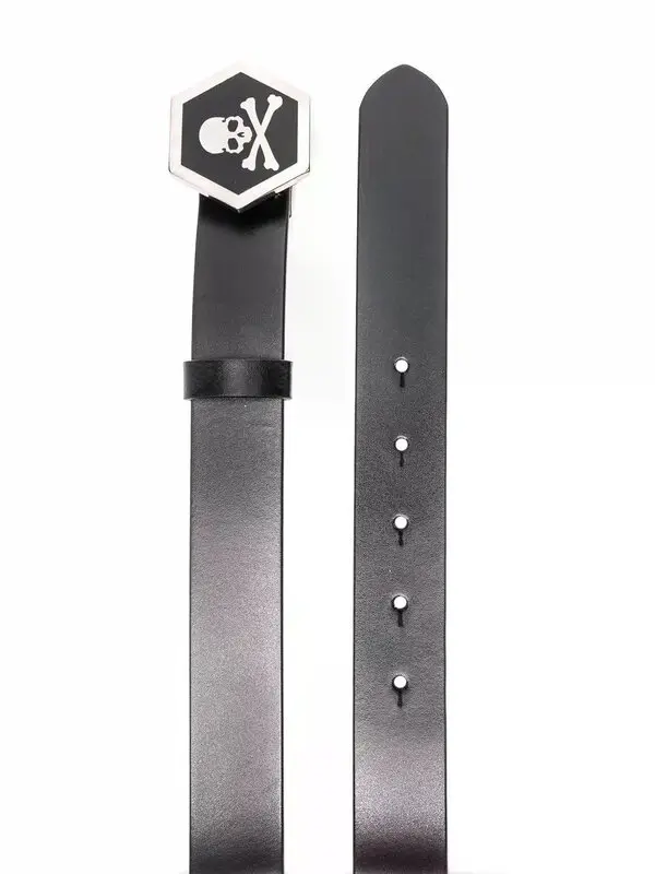Philipp Plein Skull Motif Leather Belt - Black