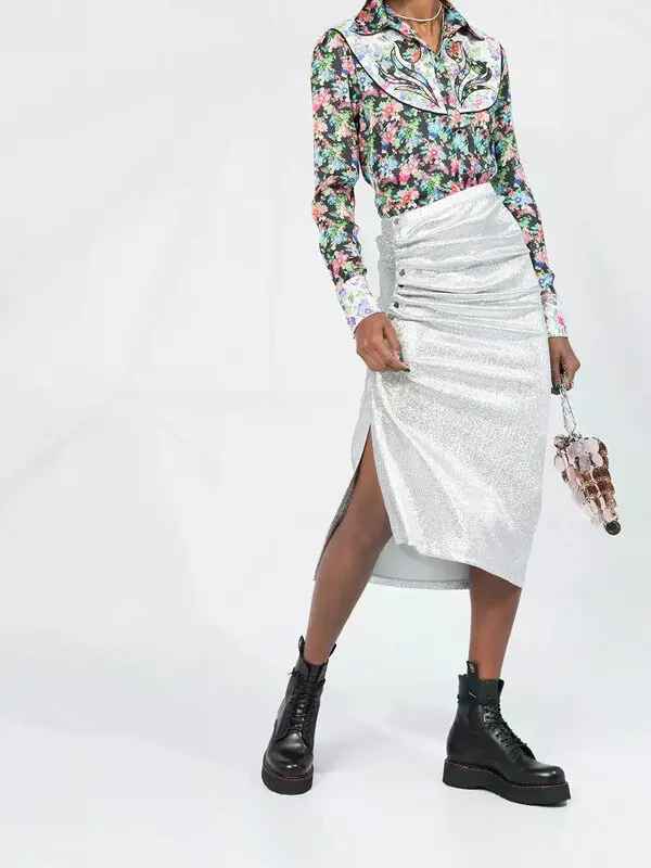 Rabanne Ruched Metallic Midi Skirt