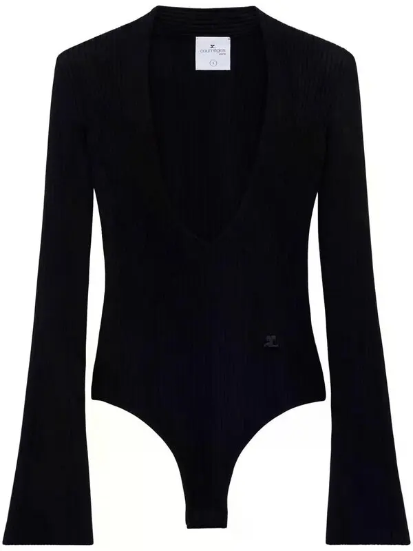COURREGES Ribbed Knit Bodysuit With Appliqué Logo - Black