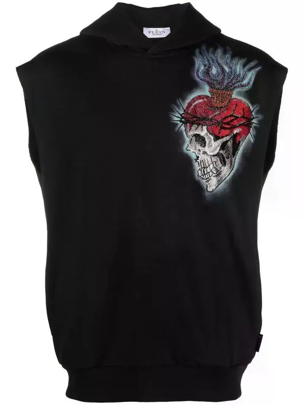Philipp Plein Embellished Skull Graphic Sleeveless Hoodie - Black