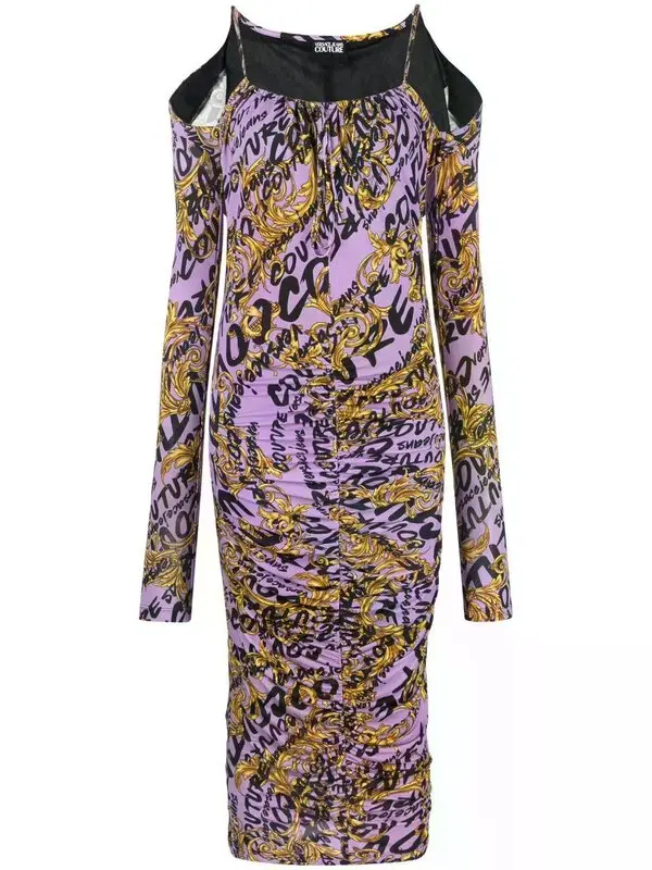 Versace All-over Logo Print Gathered Midi Dress