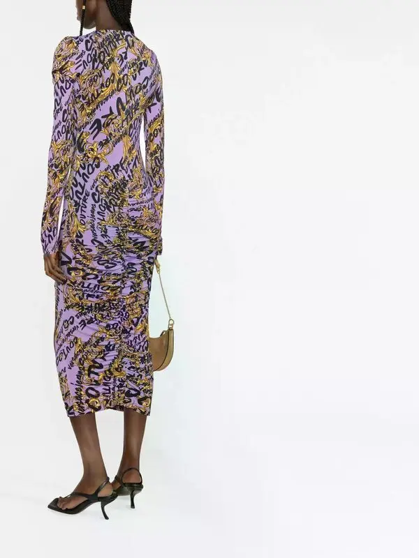 Versace All-over Logo Print Gathered Midi Dress