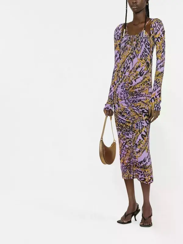 Versace All-over Logo Print Gathered Midi Dress