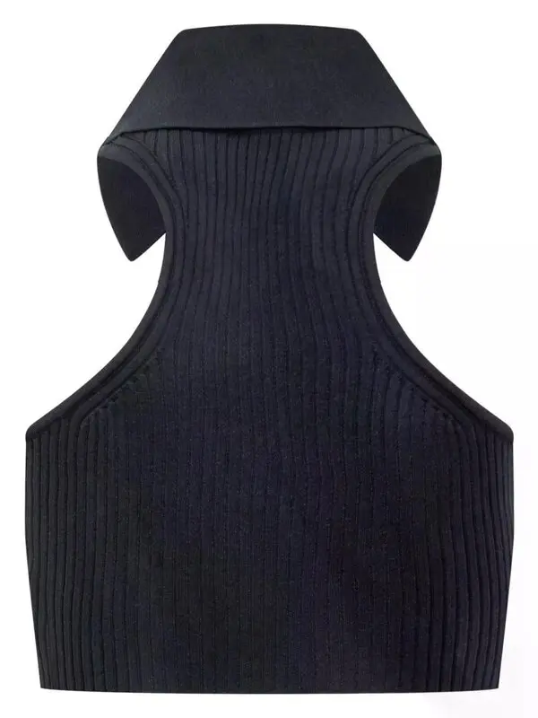 COURREGES Navy Ribbed Polo Collar Cropped Top
