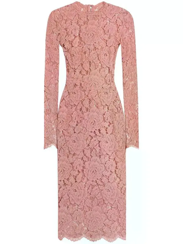 Dolce & Gabbana Midi Lace Dress With Round Neck And Long Sleeves - Pink