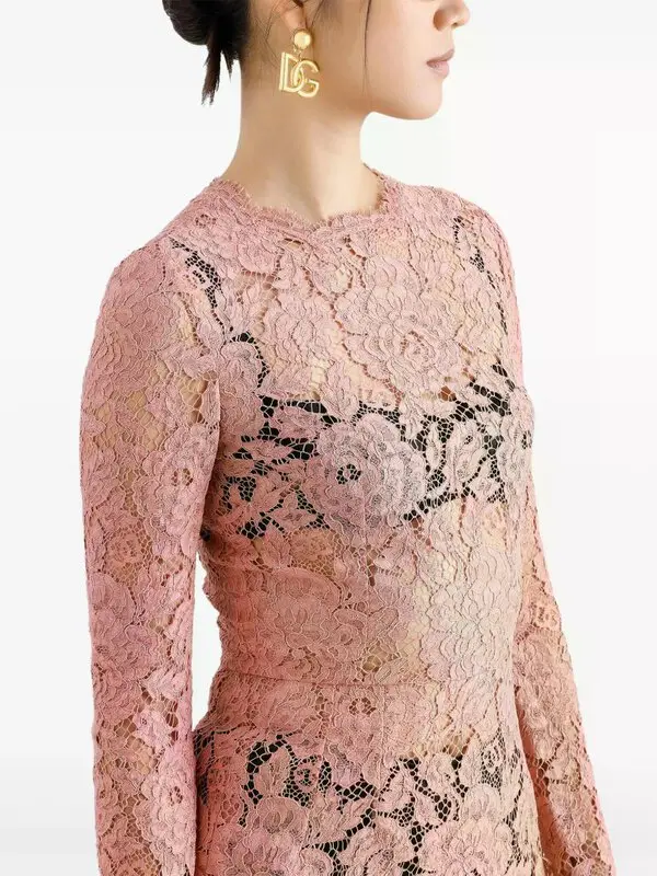 Dolce & Gabbana Midi Lace Dress With Round Neck And Long Sleeves - Pink