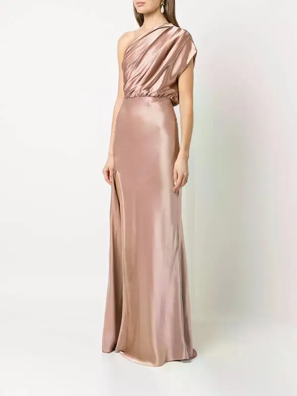 Michelle Mason One-shoulder Gown With Draped Detailing And Side Slit - Pink